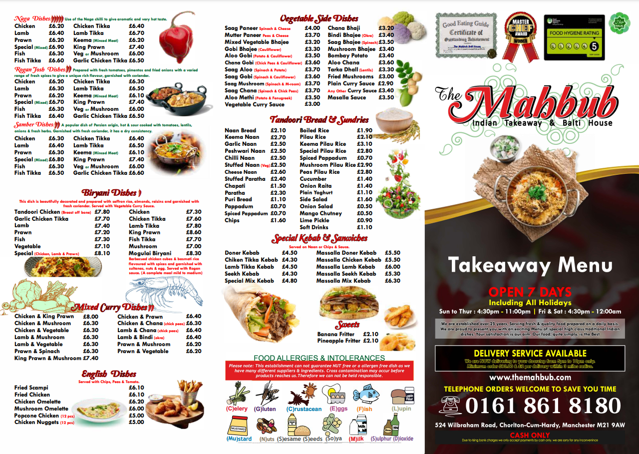 Menu - Mahbub Indian Takeaway and Balti House